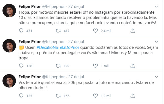 Ex-BBB Felipe Prior desativa conta no Instagram e fãs reagem - OFuxico