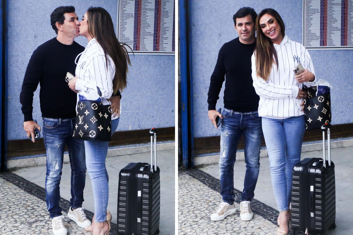 Nicole Bahls desembarca no Rio com beijo no namorado e pose pra foto
