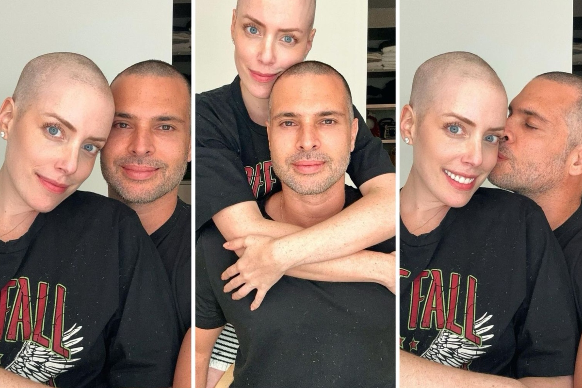 Marido de Fabiana Justus fica careca em apoio à mulher